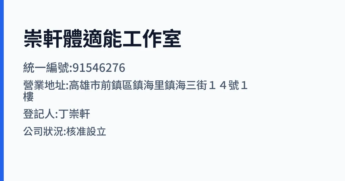 崇軒體適能工作室 - 統編 91546276(高雄市) 公司登記資料與營業項目詳細圖表
