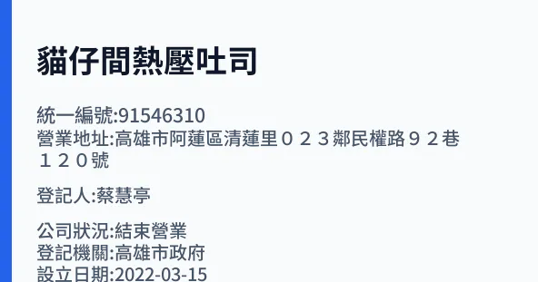 貓仔間熱壓吐司的照片-統編 91546310(高雄市) 公司登記資料與營業項目詳細圖表