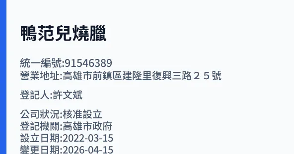 鴨范兒燒臘的照片-統編 91546389(高雄市) 公司登記資料與營業項目詳細圖表