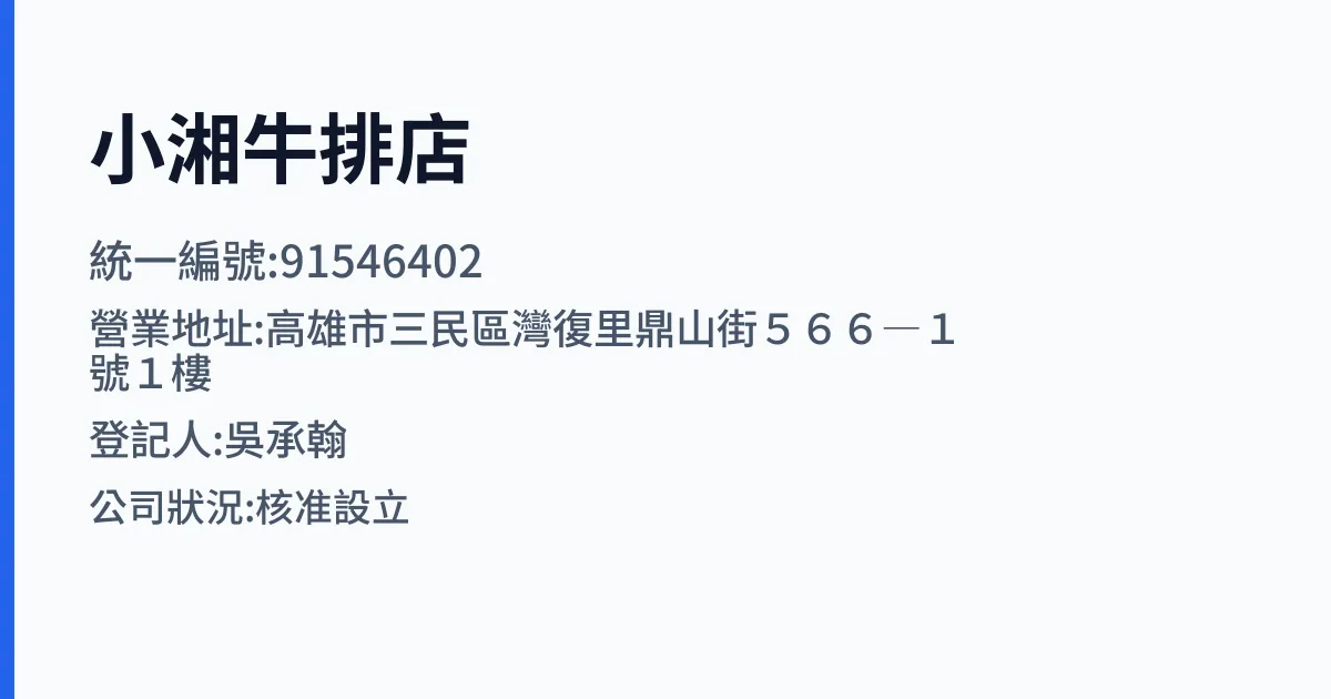 小湘牛排店 - 統編 91546402(高雄市) 公司登記資料與營業項目詳細圖表