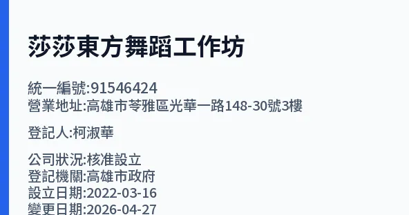 莎莎東方舞蹈工作坊的照片-統編 91546424(高雄市) 公司登記資料與營業項目詳細圖表