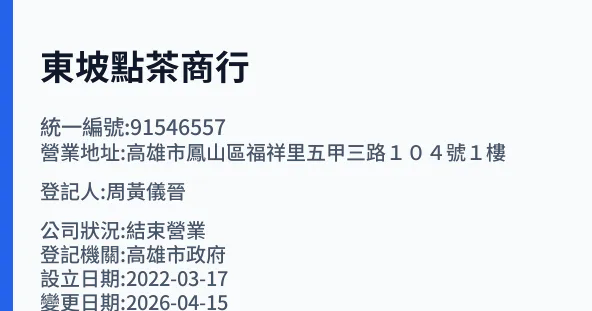 東坡點茶商行的照片-統編 91546557(高雄市) 公司登記資料與營業項目詳細圖表