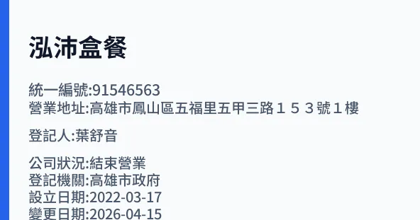 泓沛盒餐的照片-統編 91546563(高雄市) 公司登記資料與營業項目詳細圖表