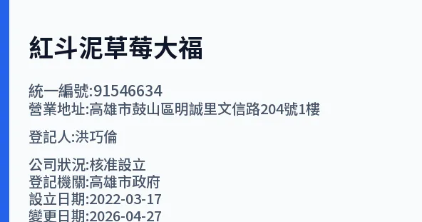 紅斗泥草莓大福的照片-統編 91546634(高雄市) 公司登記資料與營業項目詳細圖表
