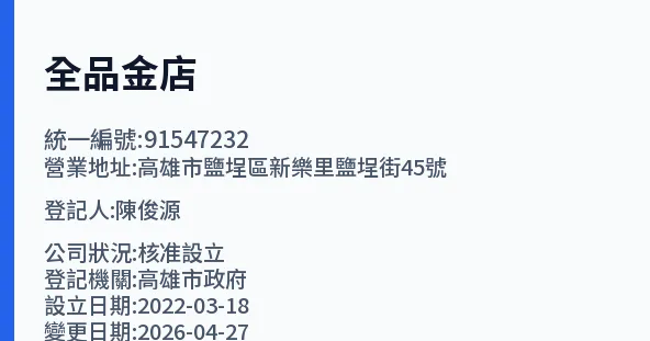 全品金店的照片-統編 91547232(高雄市) 公司登記資料與營業項目詳細圖表