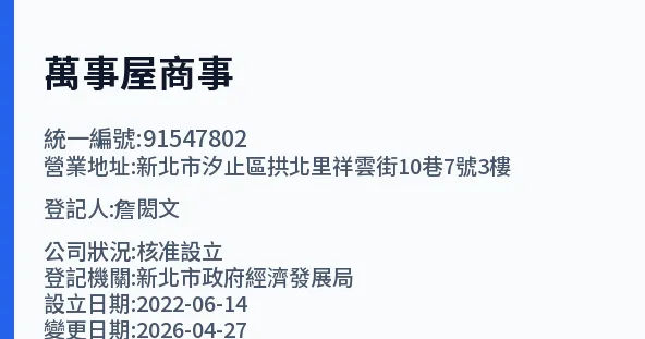 萬事屋商事的照片-統編 91547802(新北市) 公司登記資料與營業項目詳細圖表