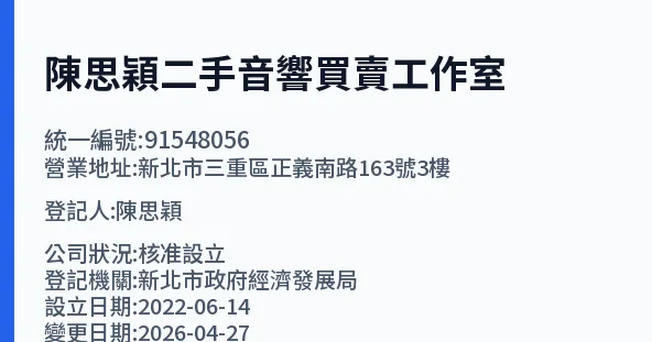 陳思穎二手音響買賣工作室的照片-統編 91548056(新北市) 公司登記資料與營業項目詳細圖表