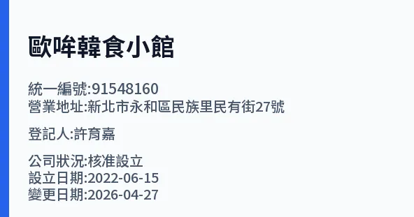 歐哞韓食小館的照片-統編 91548160(新北市) 公司登記資料與營業項目詳細圖表