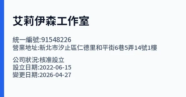 艾莉伊森工作室的照片-統編 91548226(新北市) 公司登記資料與營業項目詳細圖表