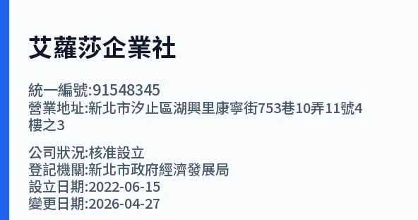 艾蘿莎企業社的照片-統編 91548345(新北市) 公司登記資料與營業項目詳細圖表