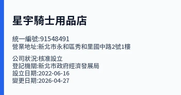 星宇騎士用品店的照片-統編 91548491(新北市) 公司登記資料與營業項目詳細圖表