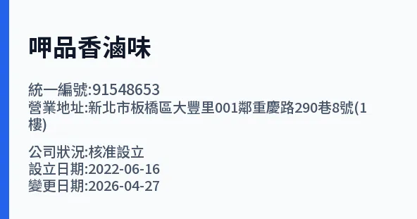 呷品香滷味的照片-統編 91548653(新北市) 公司登記資料與營業項目詳細圖表