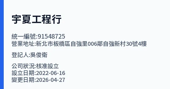 宇夏工程行的照片-統編 91548725(新北市) 公司登記資料與營業項目詳細圖表