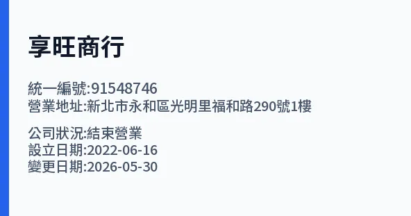 享旺商行的照片-統編 91548746(新北市) 公司登記資料與營業項目詳細圖表