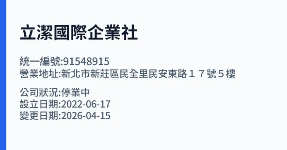 立潔國際企業社的照片-統編 91548915(新北市) 公司登記資料與營業項目詳細圖表