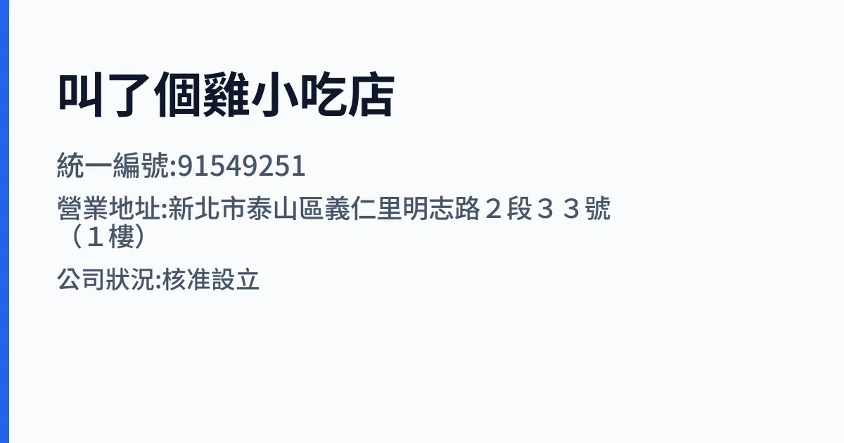 叫了個雞小吃店 - 統編 91549251(新北市) 公司登記資料與營業項目詳細圖表