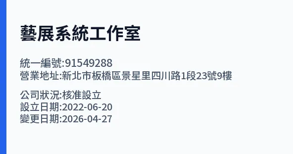 藝展系統工作室的照片-統編 91549288(新北市) 公司登記資料與營業項目詳細圖表