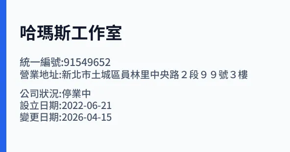 哈瑪斯工作室的照片-統編 91549652(新北市) 公司登記資料與營業項目詳細圖表