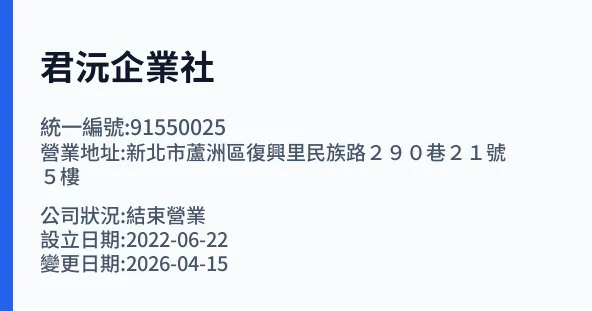 君沅企業社的照片-統編 91550025(新北市) 公司登記資料與營業項目詳細圖表