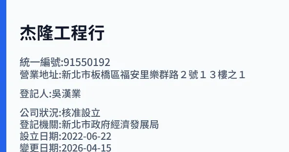 杰隆工程行的照片-統編 91550192(新北市) 公司登記資料與營業項目詳細圖表