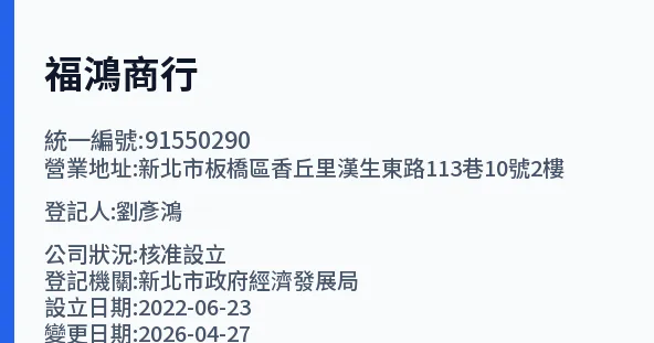 福鴻商行的照片-統編 91550290(新北市) 公司登記資料與營業項目詳細圖表