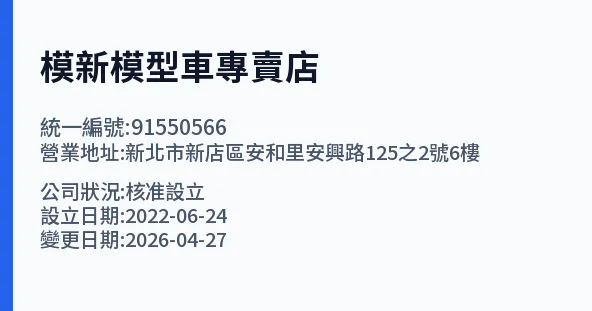 模新模型車專賣店的照片-統編 91550566(新北市) 公司登記資料與營業項目詳細圖表
