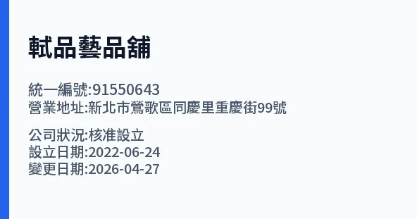 軾品藝品舖的照片-統編 91550643(新北市) 公司登記資料與營業項目詳細圖表