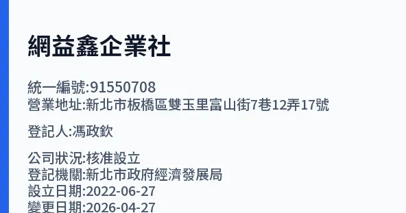 網益鑫企業社的照片-統編 91550708(新北市) 公司登記資料與營業項目詳細圖表
