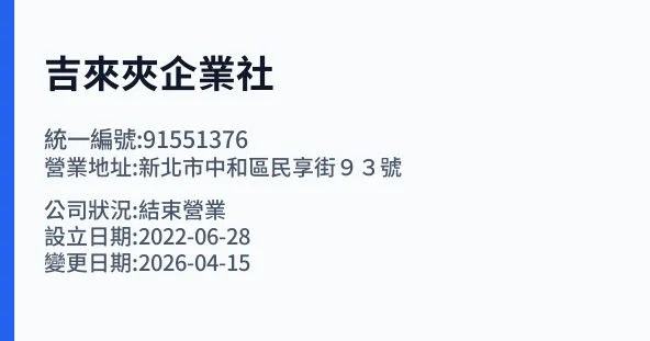 吉來夾企業社的照片-統編 91551376(新北市) 公司登記資料與營業項目詳細圖表