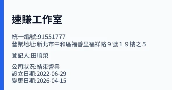 速賺工作室的照片-統編 91551777(新北市) 公司登記資料與營業項目詳細圖表