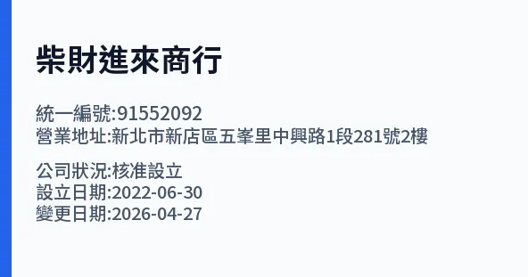 柴財進來商行的照片-統編 91552092(新北市) 公司登記資料與營業項目詳細圖表