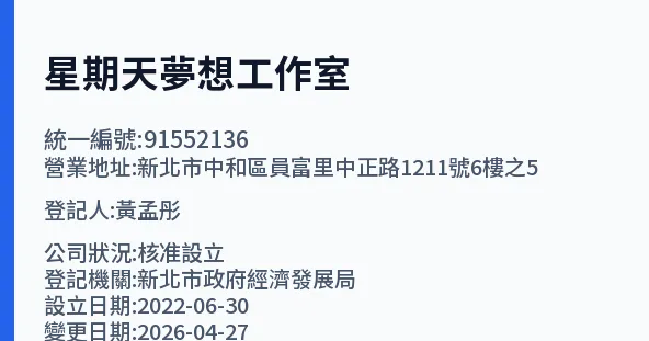 星期天夢想工作室的照片-統編 91552136(新北市) 公司登記資料與營業項目詳細圖表