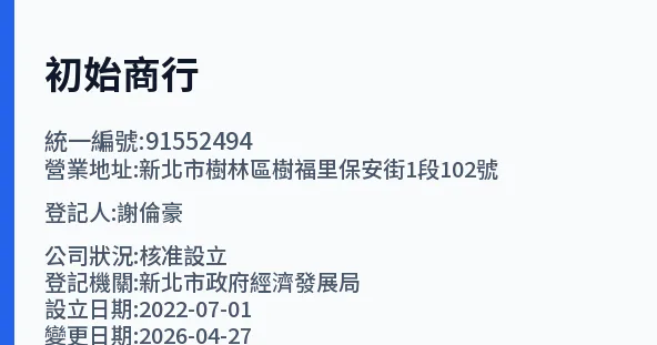 初始商行的照片-統編 91552494(新北市) 公司登記資料與營業項目詳細圖表
