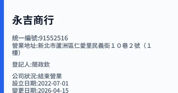 永吉商行的照片-統編 91552516(新北市) 公司登記資料與營業項目詳細圖表