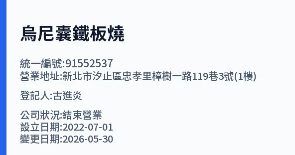 烏尼囊鐵板燒的照片-統編 91552537(新北市) 公司登記資料與營業項目詳細圖表