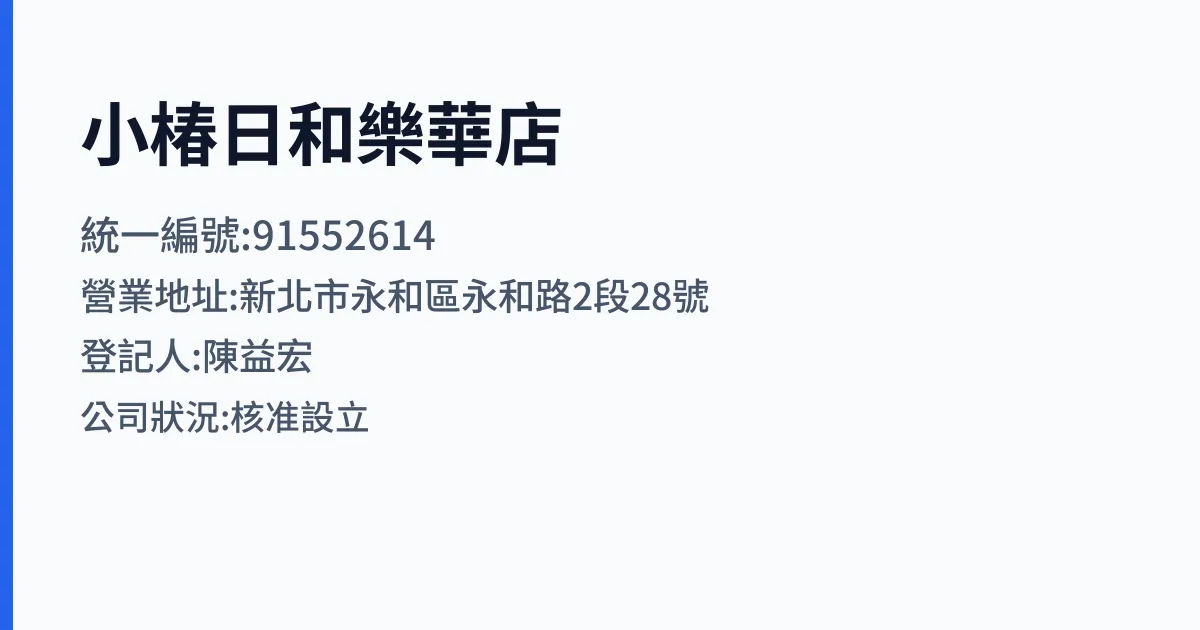 小椿日和樂華店 - 統編 91552614(新北市) 公司登記資料與營業項目詳細圖表