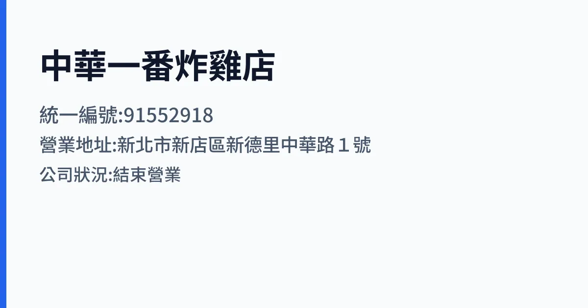 中華一番炸雞店 - 統編 91552918(新北市) 公司登記資料與營業項目詳細圖表