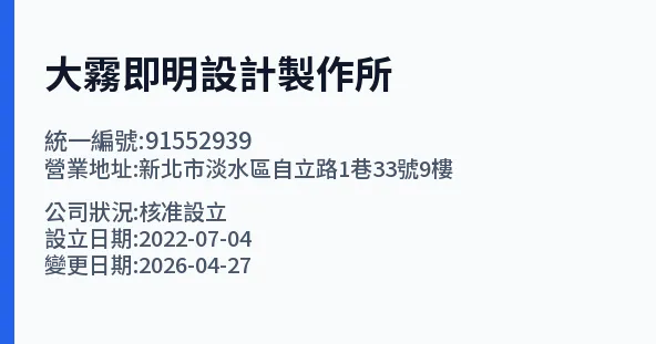 大霧即明設計製作所的照片-統編 91552939(新北市) 公司登記資料與營業項目詳細圖表