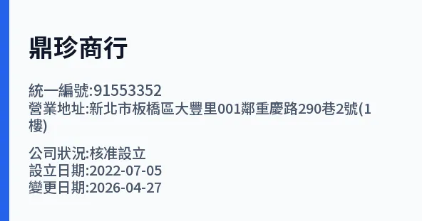 鼎珍商行的照片-統編 91553352(新北市) 公司登記資料與營業項目詳細圖表