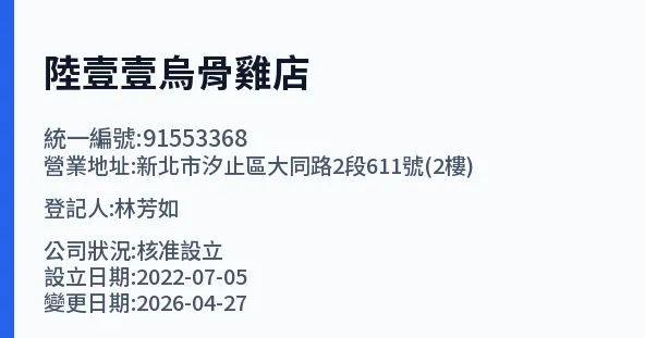陸壹壹烏骨雞店的照片-統編 91553368(新北市) 公司登記資料與營業項目詳細圖表