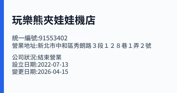 玩樂熊夾娃娃機店的照片-統編 91553402(新北市) 公司登記資料與營業項目詳細圖表