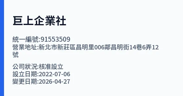 巨上企業社的照片-統編 91553509(新北市) 公司登記資料與營業項目詳細圖表