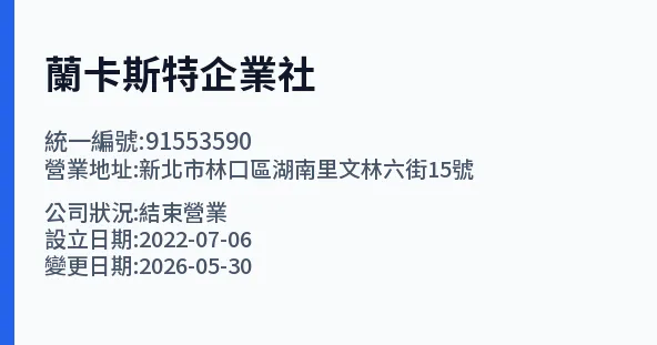蘭卡斯特企業社的照片-統編 91553590(新北市) 公司登記資料與營業項目詳細圖表