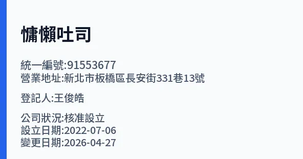 慵懶吐司的照片-統編 91553677(新北市) 公司登記資料與營業項目詳細圖表
