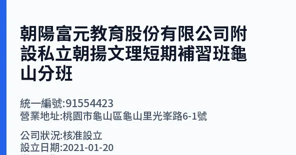 朝陽富元教育股份有限公司附設私立朝揚文理短期補習班龜山分班的照片-統編 91554423(桃園市) 公司登記資料與營業項目詳細圖表