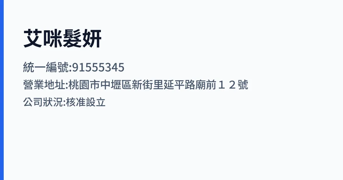 艾咪髮妍 - 統編 91555345(桃園市) 公司登記資料與營業項目詳細圖表