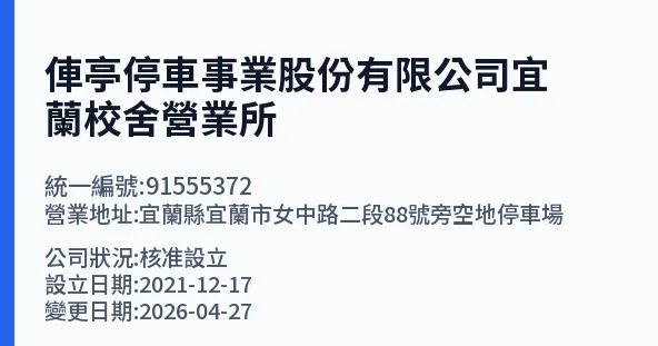 俥亭停車事業股份有限公司宜蘭校舍營業所的照片-統編 91555372(宜蘭縣) 公司登記資料與營業項目詳細圖表
