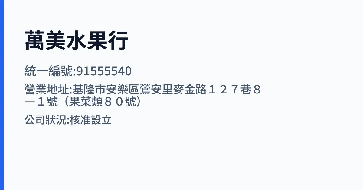 萬美水果行 - 統編 91555540(基隆市) 公司登記資料與營業項目詳細圖表