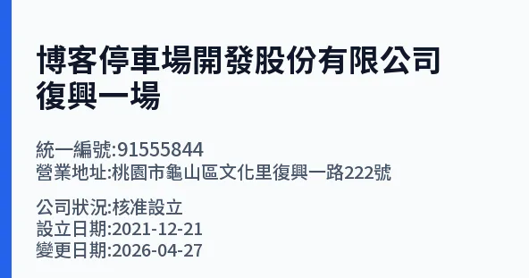 博客停車場開發股份有限公司復興一場的照片-統編 91555844(桃園市) 公司登記資料與營業項目詳細圖表