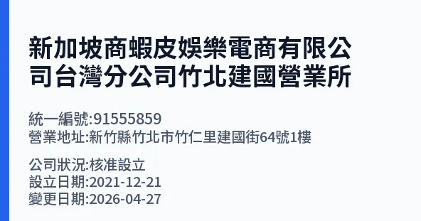 新加坡商蝦皮娛樂電商有限公司台灣分公司竹北建國營業所的照片-統編 91555859(新竹縣) 公司登記資料與營業項目詳細圖表